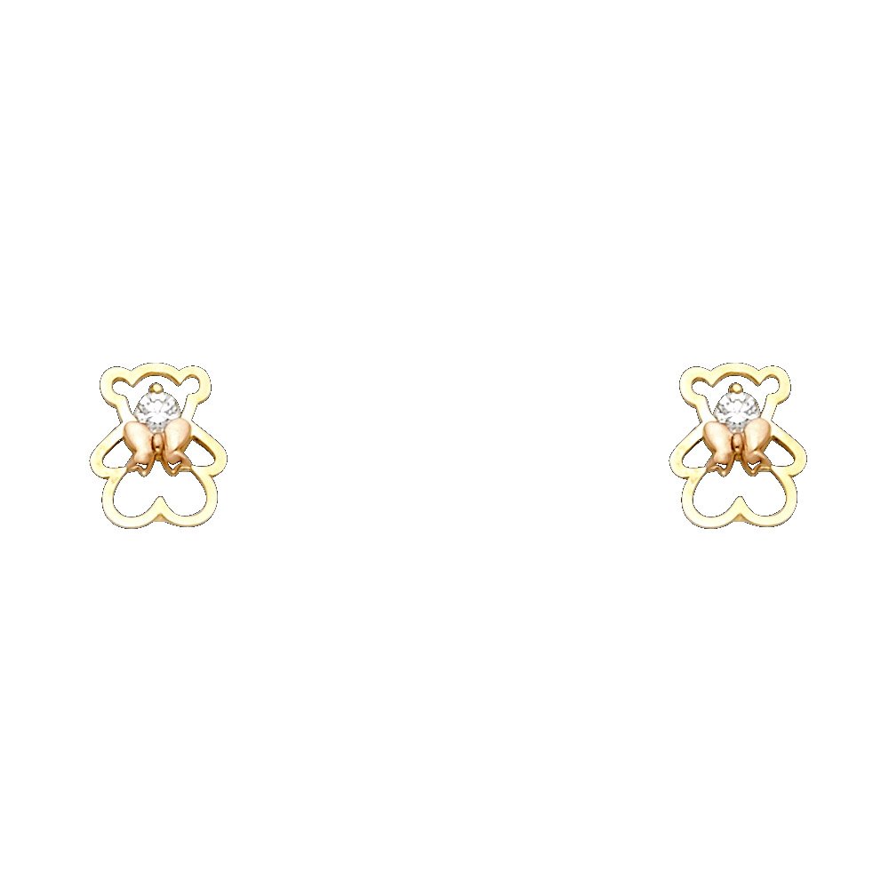 14k Two Tone Gold Bear Stud Earrings with Screw Back