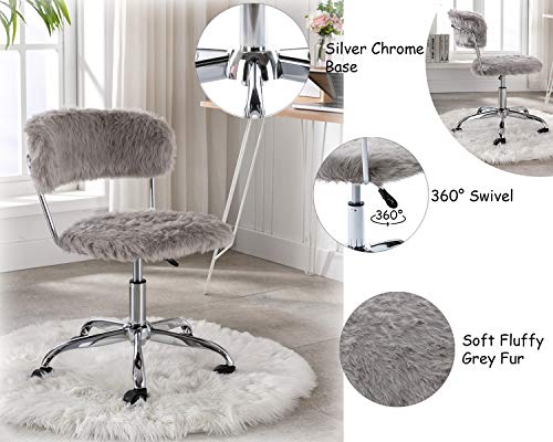 Kmax Fuzzy Office Desk Chair Faux Fur Kids Armless Rolling Task Chair Comfy Vanity Chair for Bedroom, Grey