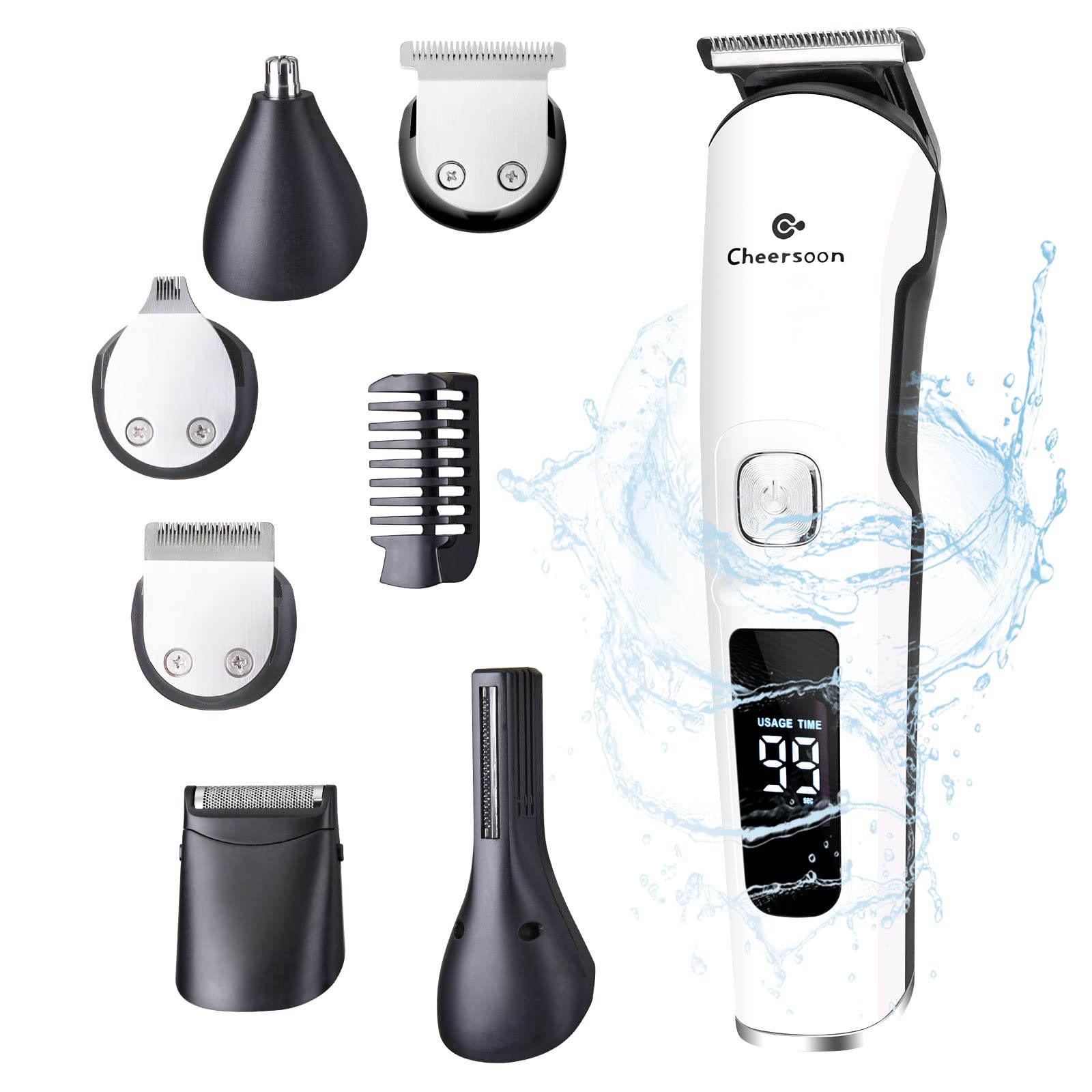 Beard Trimmer for Men, Nose Hair & Ear Trimmer, Cheersoon Electric Cordless Hair Clippers for Men, LED Display, IPX7 Waterproof Mens Grooming Kit