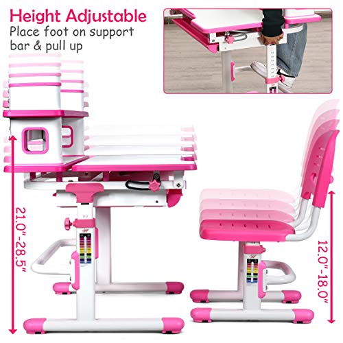 BABY JOY Kids Desk and Chair Set, Height Adjustable, Student Study Table with Storage Drawer, Bookshelf and Tilted Desktop, Children Writing Table for Studying, Reading and Drawing (Pink)