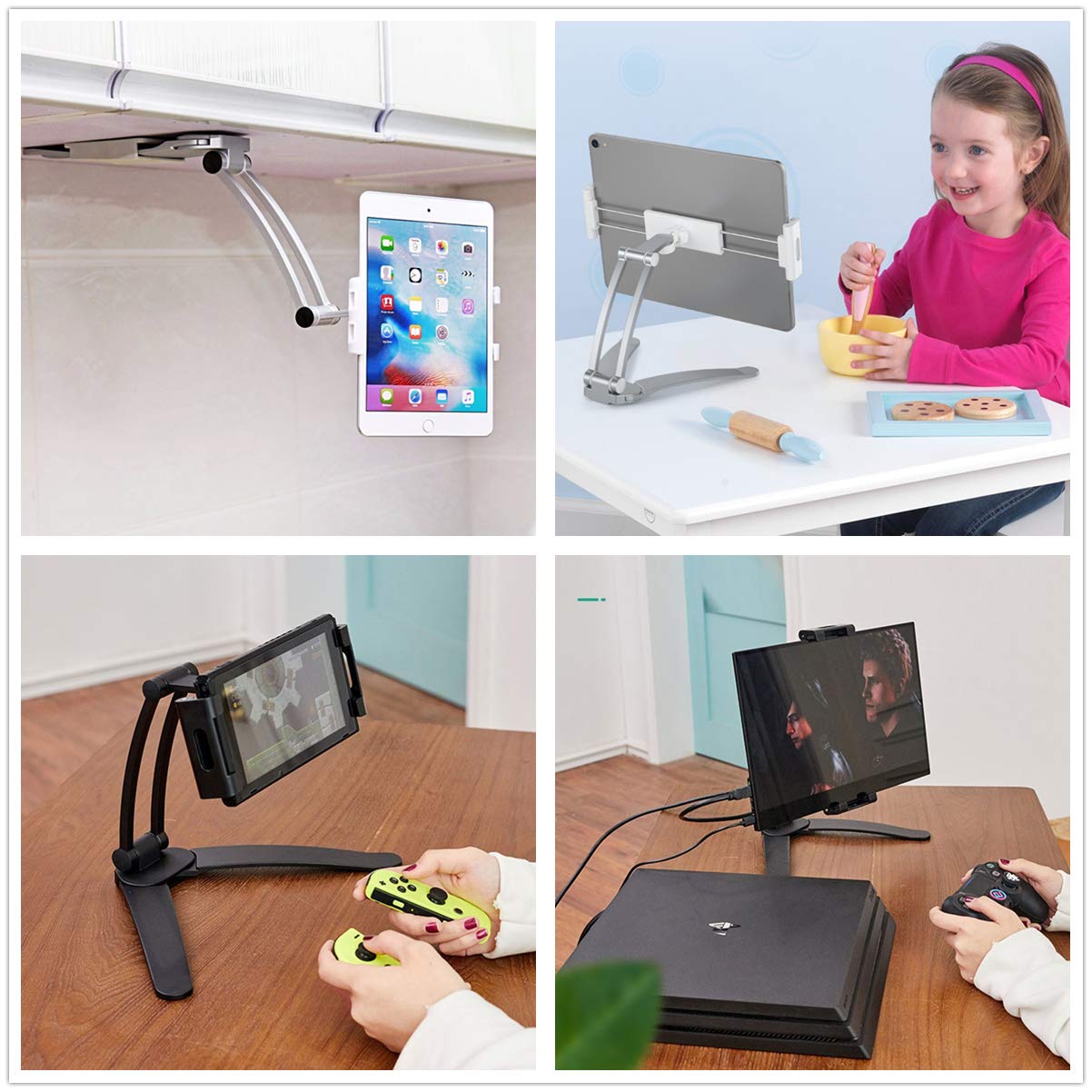 AYADA Kitchen Cabinet Tablet Holder, 2 in 1 Wall Mount Desktop Stand for ipad 12.9 Aluminum Alloy Metal Adjustable Multiangle Foldable Universal Phone Tablet Bracket Cooking Table Counter Top (Silver)