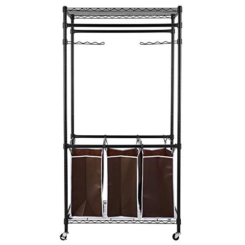 aruoquan Mobile 3-Bag Laundry Sorter Hamper Heavy Duty Clothes Rack Hanging Rolling Laundry Cart with Wheels Rod Garment Rack Double Metal Height Adjustable Shelves