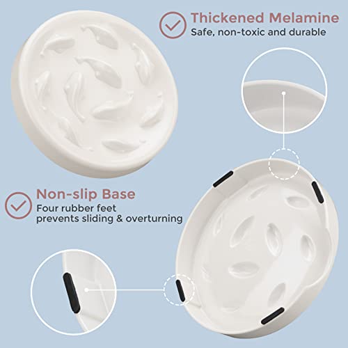 MSBC Pet Slow Feed Dish for Cats and Small Dogs - Fish Pool Design, Fun Interactive Bloat Stop Puzzle Feeder Bowl Healthy Eating Diet Food Grade Melamine Material Easy to Clean Dishwasher Safe (White)