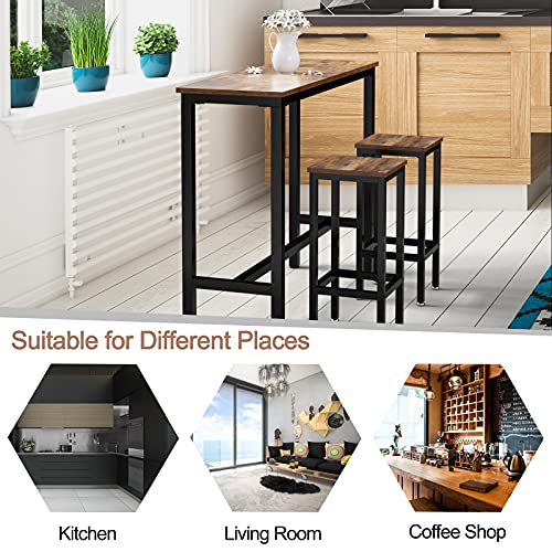 COSTWAY 3-Piece Bar Table Set, 39.5β Bar Table with 2PC 28β Bar Stools, Pub Height Dinning Table Set with Counter Height Backless Stools, Breakfast Table Set for Apartment/Bistro/Pub (Rustic Brown)