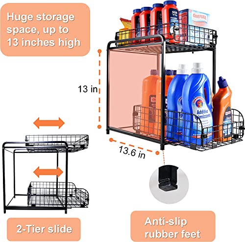 2-Pack Under Sink Organizer, Sliding Cabinet Wire Basket Organizer, Higher 2 Tier Under Bathroom Storage Drawer Multi-purpose Storage Shelf for Bathroom Kitchen Pantry
