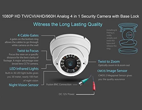 2MP 1080P Analog Security Dome Camera for CCTV Coax Analog DVR System, 100ft IR Night Vision, 2.8-12mm Manual Varifocal Lens, Outdoor, Compatible with Hikvision, Dahua, Lorex, Amcrest Coax DVR