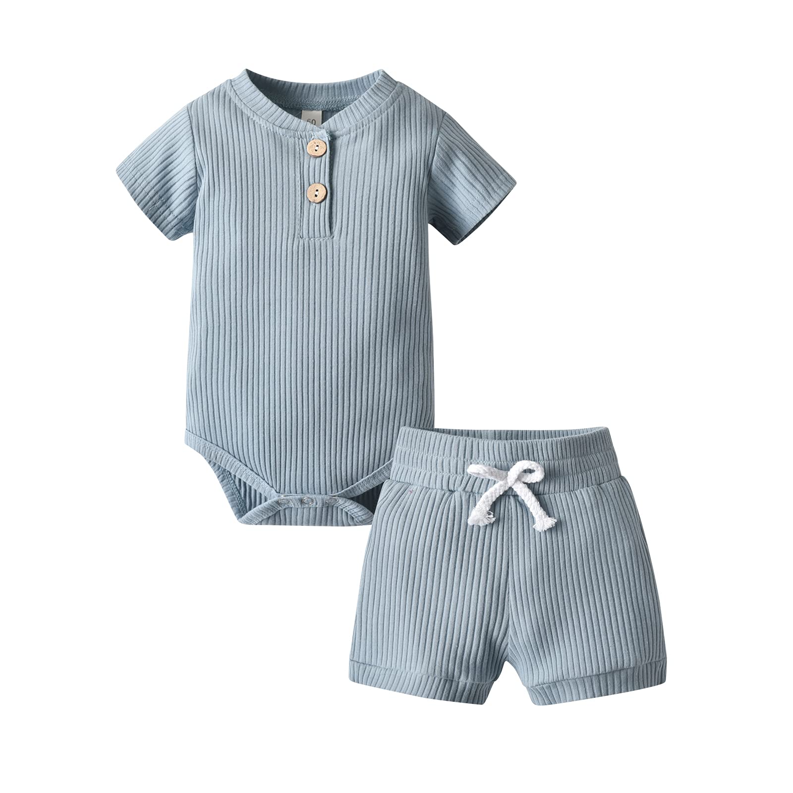 Derouetkia Summer Newborn Baby Boy Girl Clothes Solid Color Ribbed Romper and Shorts Outfits Set (0-3 Months) Blue