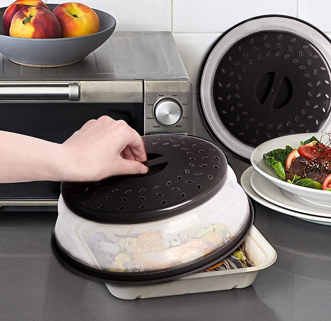 2-Pack Upgraded Microwave Splatter Cover, 10.5 inch Vented Collapsible Microwave Cover for Food, Microwave Plate Cover, Fruit and Vegetable Dish Drainer Basket, BPA-Free, Easy to Grip (Black)