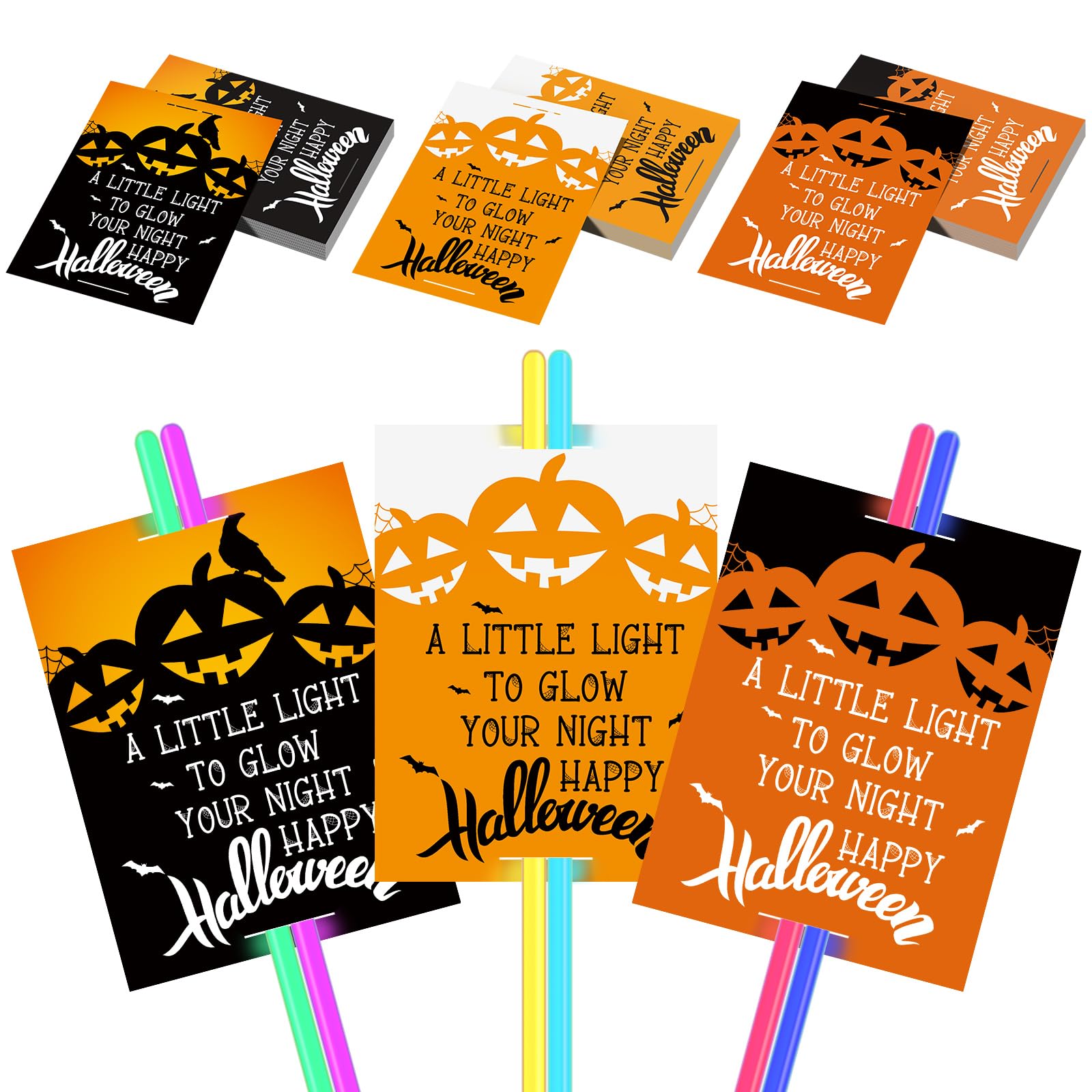 Fumete 120 Pcs Halloween Glow Sticks Cards Bulk Glow in the Dark Party Supplies Halloween Night Cards Gift Pumpkin Tags for Glow Sticks Decoration Men Women, Cards Only, 3 Styles