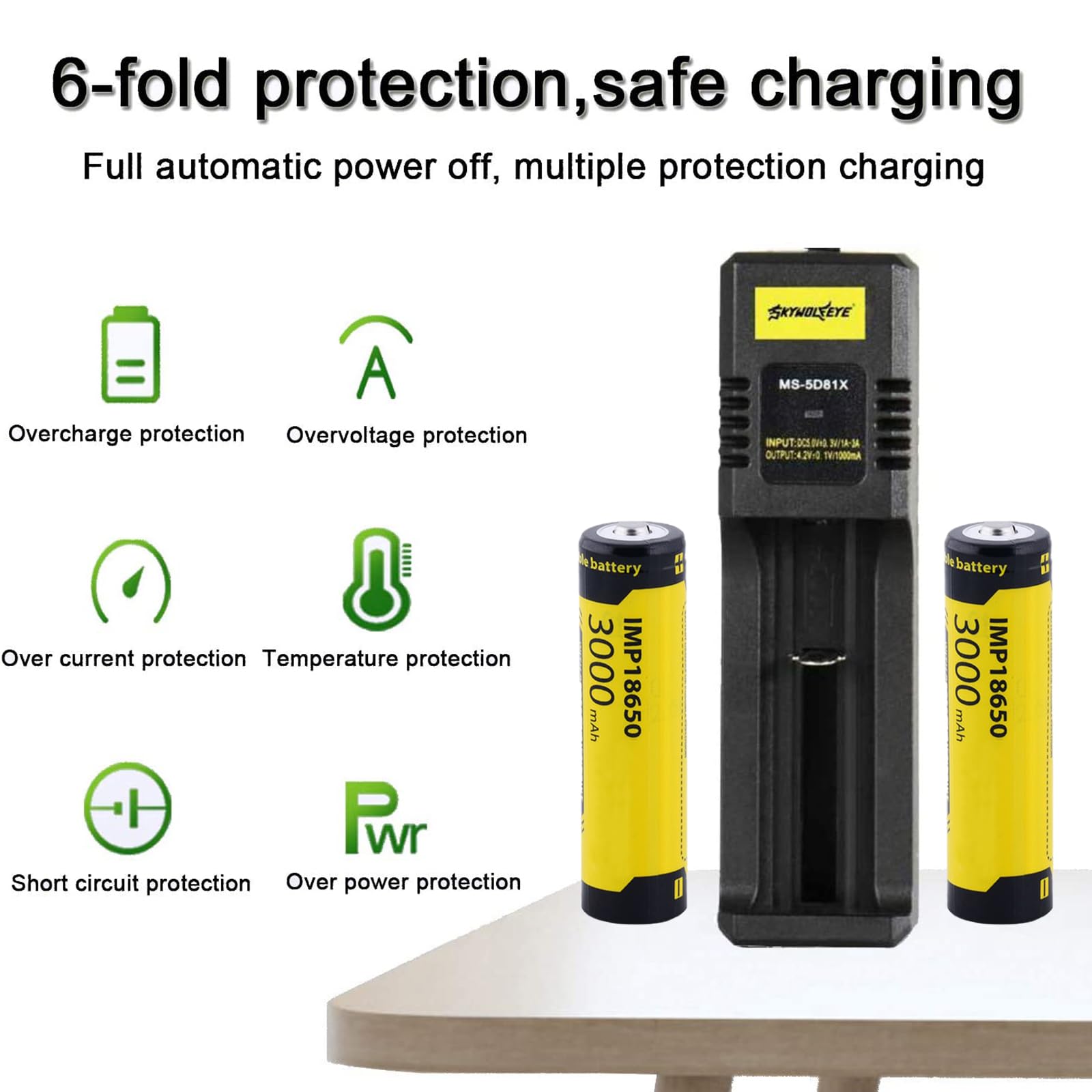 18650 Battery Charger for 3.7V 3000mAh Lithium-ion Button Top Rechargeable Battery,Smart Charger with Micro USB Charging Cable for Flashlight/Headlamp/Doorbell battery