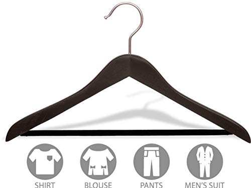 Espresso Finish Wood Suit Hanger with Velvet Flocked Bar in 17" Length X 5/8" Thick with Concave Body and Matte Nickel Hardware, Box of 24