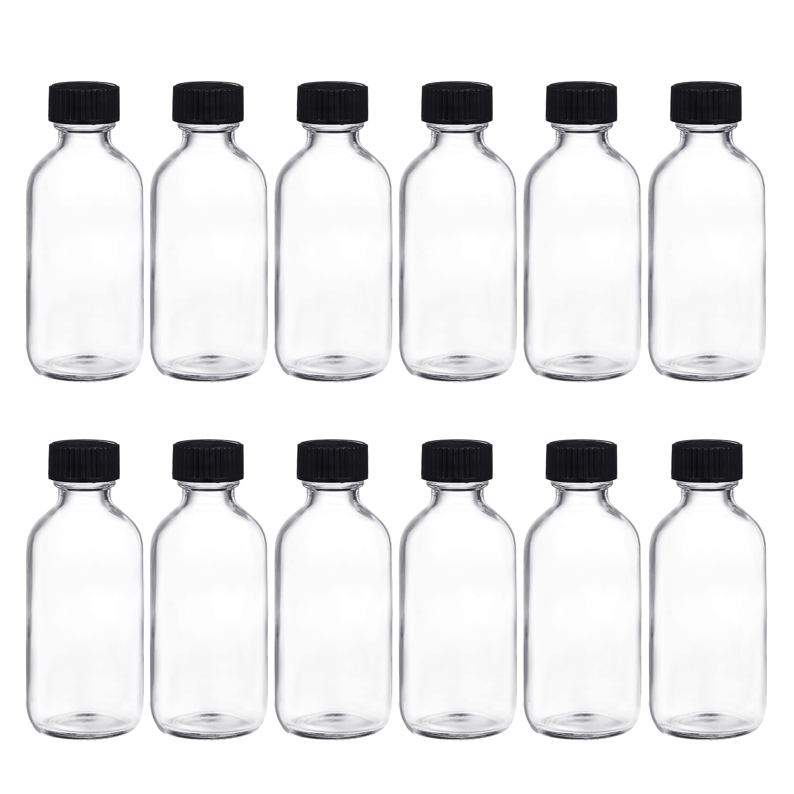 Cibeat 12 pack 2 oz Clear Glass Boston Bottle With Black Poly Cap, Funnel, Chalk Labels, Pen Dispensing Bottles for Homemade Vanilla Extract, Essential Oils, Herbal Medicine, Wedding Christmas Decor