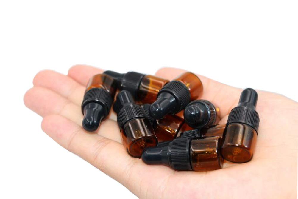 50Pcs 2ml Amber Glass Dropping Bottles Mini Essential Oil Dropper Bottles Empty Travel Perfume Sample Vials Containers with Glass Eye Dropper and Cap in Box(2 Droppers Included)