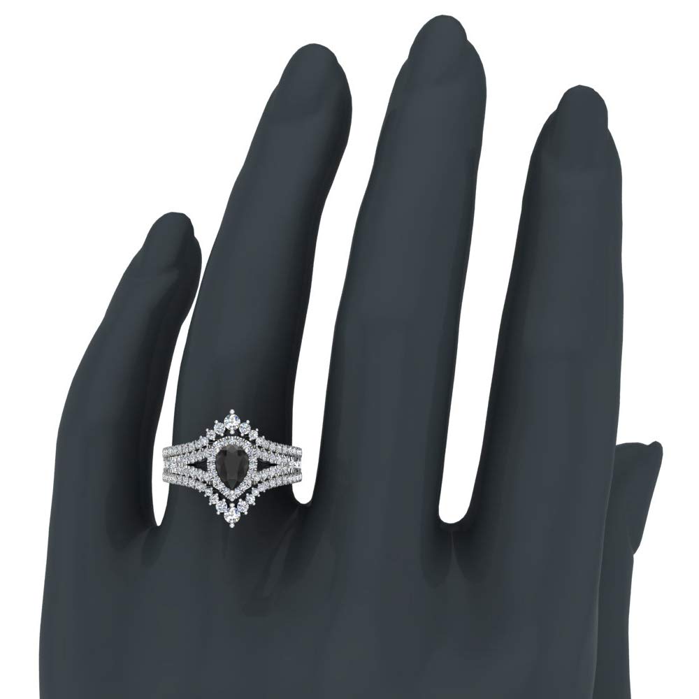 14K Rose Gold Wedding Ring Set Enhancer Look Bands Solitaire Pear Black Diamond (I,I1) (Ring Size 7.5)