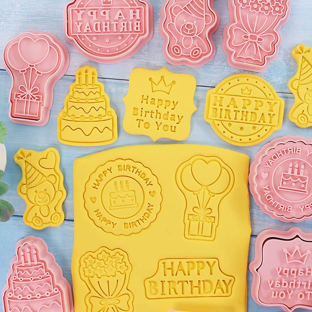 16 Pcs Dog Cookie Cutters 3D Cat Puppy Biscuit Cutter Funny Cartoon Dinosaur Cookie Stamps Embossed Fondant Baking Tool Sugar Craft Cute Cookie Baking Supplies (Happy Birthday)