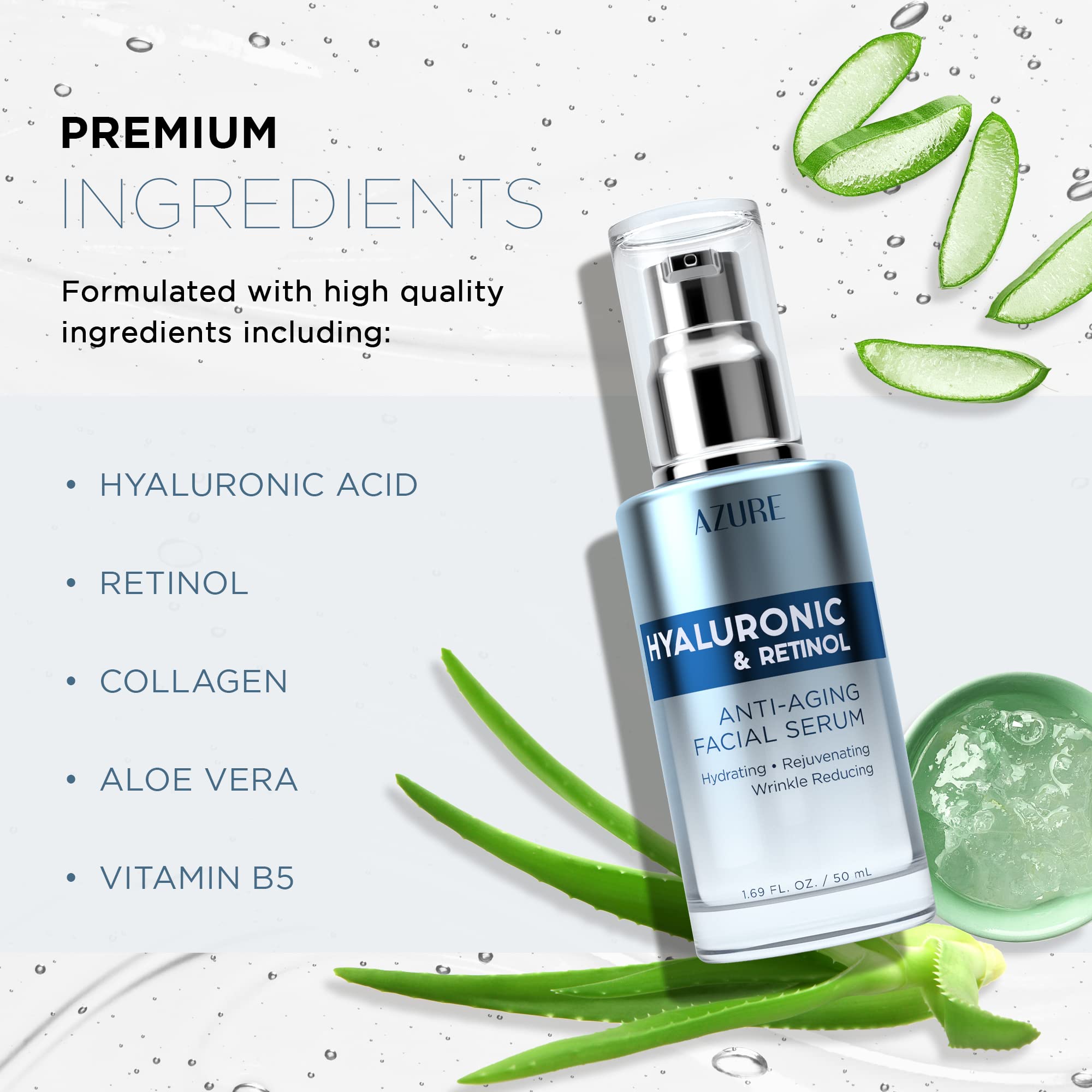 Azure Cosmetics Dermatologist Tested Hyaluronic & Retinol Face Serum - K Beauty Anti-Aging Formula for Dark Spots & Wrinkle Care - Korean Skincare, Moisturizing Complex for Glowing Skin - 1.69 fl oz