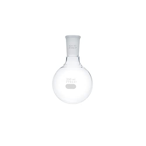 PYREX Round Bottom, Short Neck Boiling Flask- Borosilicate Glass Flask with 24/40 Standard Taper Joint- Premium Chemistry Flask for Laboratory, Classroom, Home Use- Chemistry Glassware, 250mL, 2/Pk