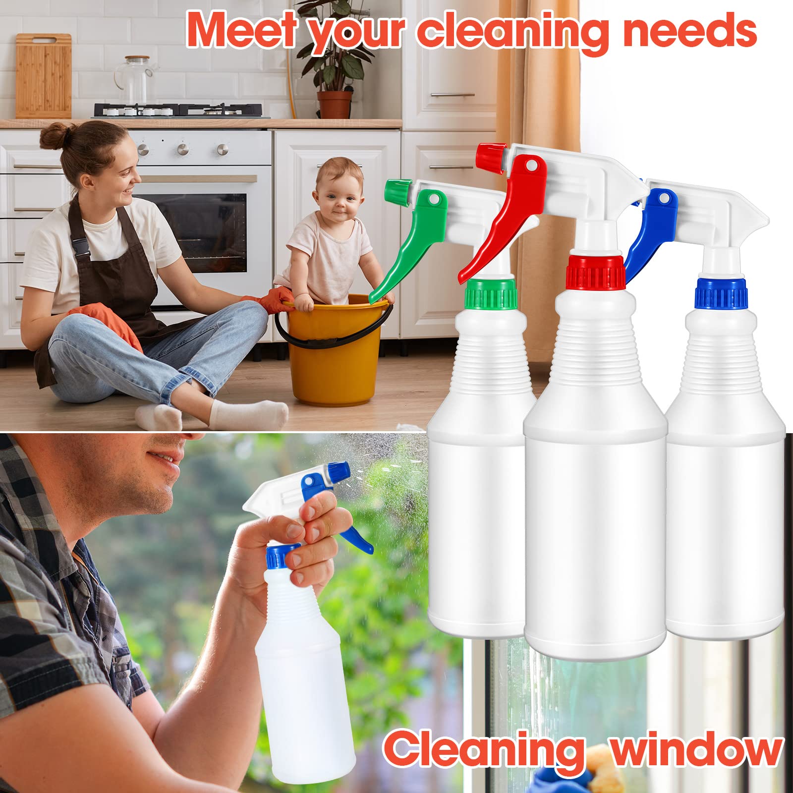 18 Pack 24oz Plastic Spray Bottle Empty Reusable Spray Bottles for Cleaning Solutions Heavy Duty Spraying Bottles No Leak and Clog Water Spray Bottle Plants Pet with Adjustable Nozzle (Red,Blue,Green)