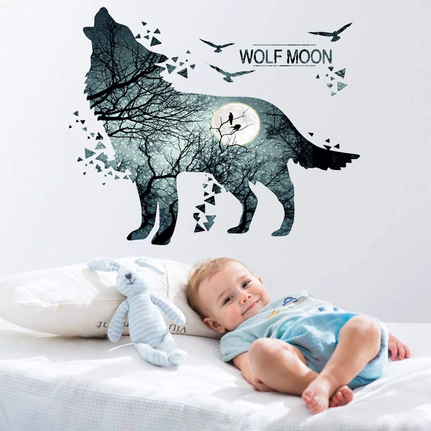 AMODA 3D Galaxy Outer Space Wall Decor,Self-Adhesive Wolf and Moon Sofa Backdrop TV Background Wall Decors,Creative Broken Wall Art Mural for Teen Bedroom Living Room Nursery Playroom