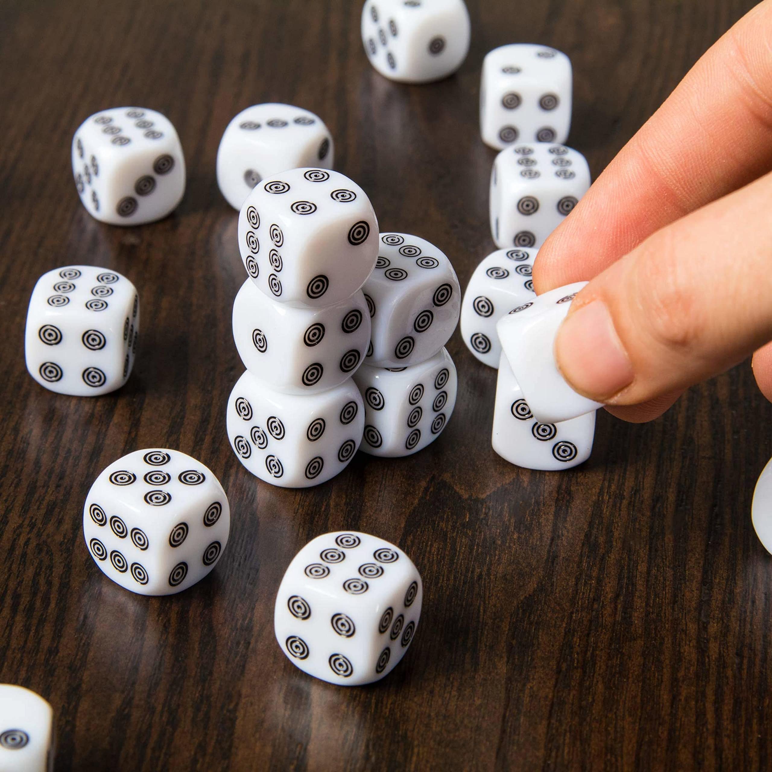 50-Pack of Bullseye Dice - 16mm Six Sided Dice with Unique Target Pips - Classic Dice for Games Like Farkle, Liar's Dice, Bunco, Balut, 10000, Craps, and More