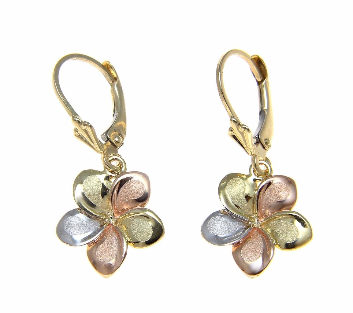 14K solid gold tricolor Hawaiian 13mm plumeria flower leverback earrings