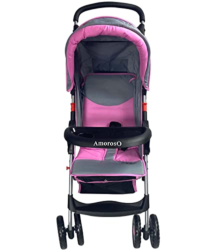 AmorosO Single Stroller - Baby Stroller with Four Wheels - Lightweight Stroller - Convertible Stroller with Extra Storage Space - Foldable Stroller with Sun Protection Hood Cover (Pink/Grey)