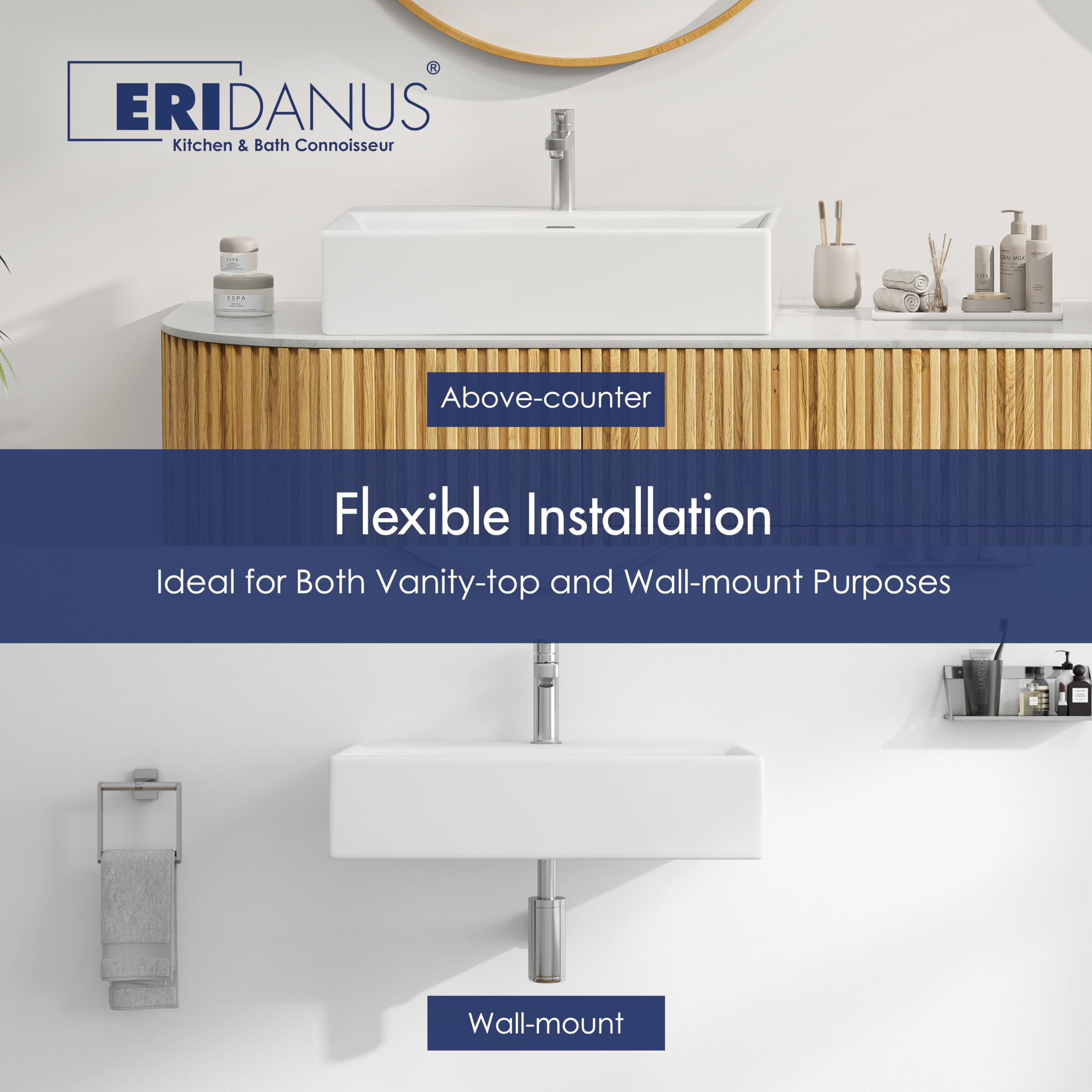 24" x 16" Bathroom Sink Vessel Rectangle, Eridanus Hang Wall Mount Sinks Countertop Vanity Floating Trough Washbasin, Ceramic Porcelain Modern White Art Basin Bowl with Overflow