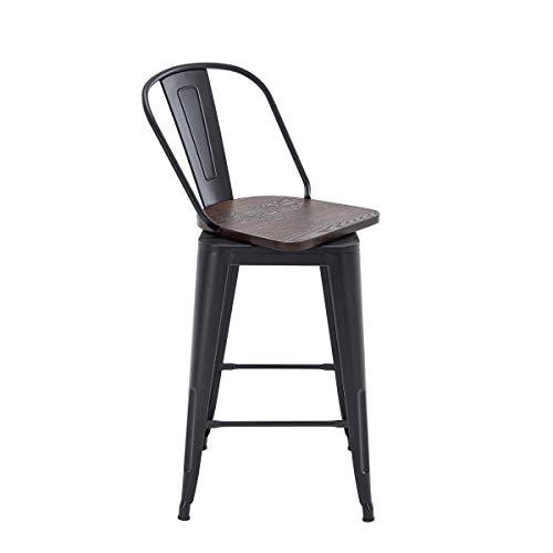 Alunaune 24" Swivel Metal Bar Stools Set of 4 High Back Counter Height Barstools Industrial Dining Bar Chairs with Large Wooden Seat-Matte Black