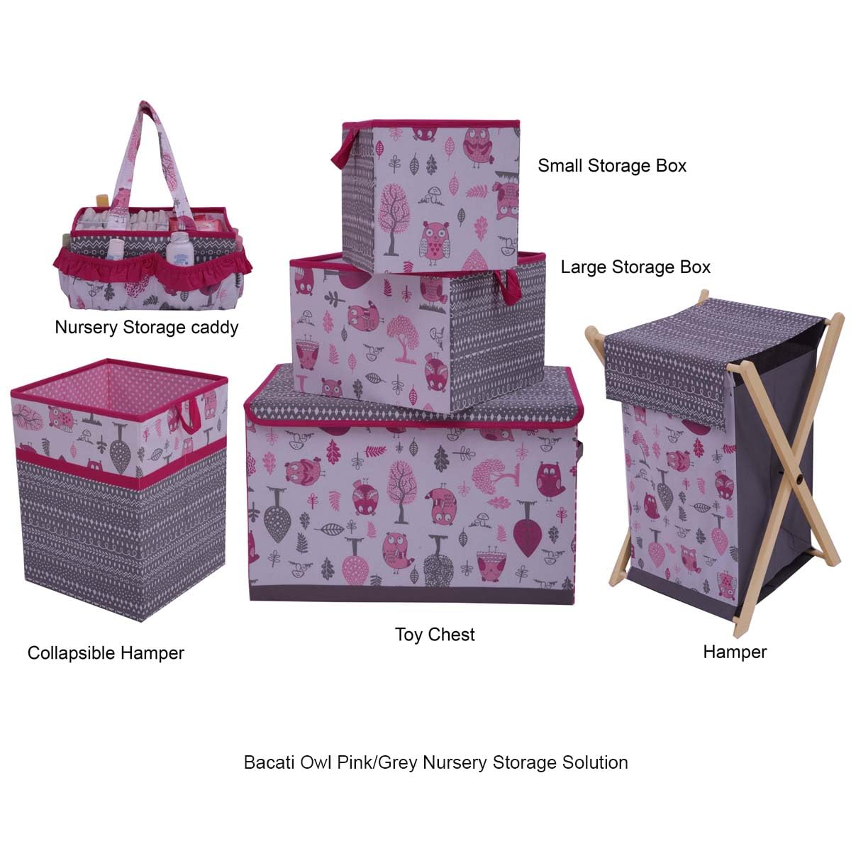 Bacati - Toy Chest Owls in the Woods Pink/Grey