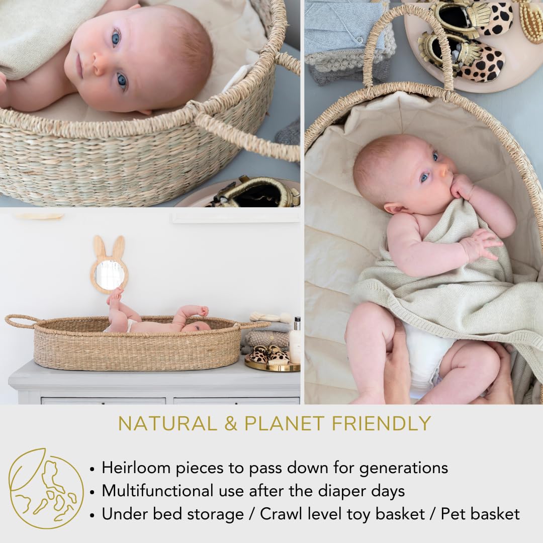 BEBE BASK Premium Baby Changing Basket - Artisan-Crafted Seagrass With Extra High Sides - Changing Basket for Baby Dresser - All Accessories Included - Complete Set for Nursery (Natural)