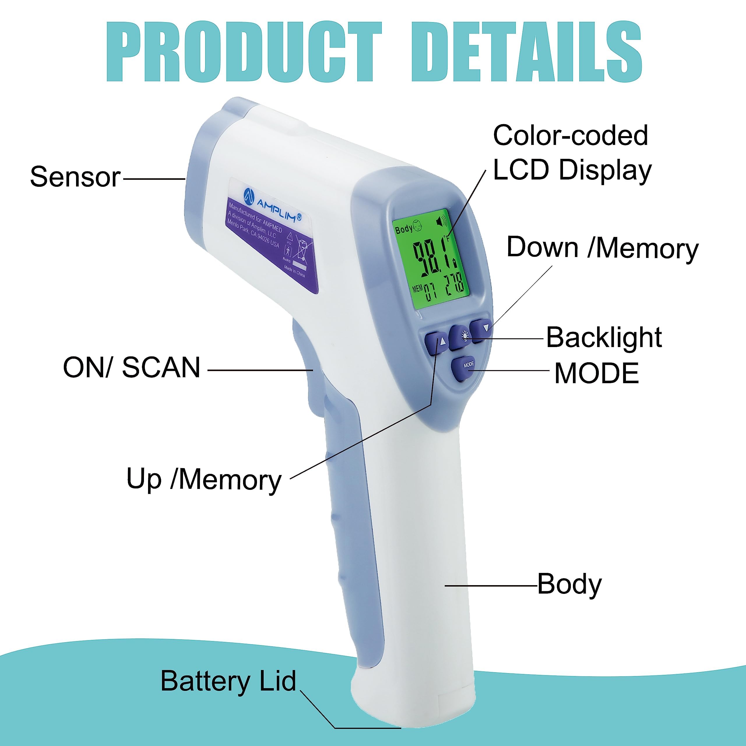 Amplim Digital Forehead Thermometer for Kids, Adults, and Babies - Touchless, Non-Contact Fever Thermometer with Temporal Head Function - No-Touch Thermometer for Accurate Temperature - FSA/HSA