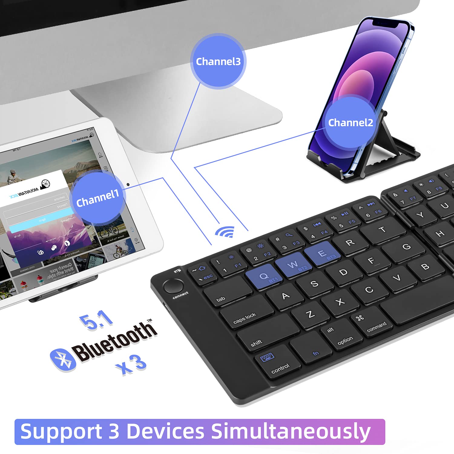 Multi-Device Bluetooth Foldable Keyboard, Samsers Wireless Portable Folding Keyboard, Full Size Ultra Slim Rechargeable Keyboard Connect Up to 3 Devices for IOS Android Windows phone Tablet and Laptop