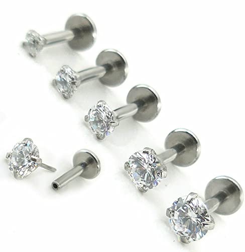 18G 1/4" Triple Forward Helix Stud Earring Cartilage 2-4mm Threadless Push Pin Prong Set CZ Stone Tragus Ring (All 5 Stones)