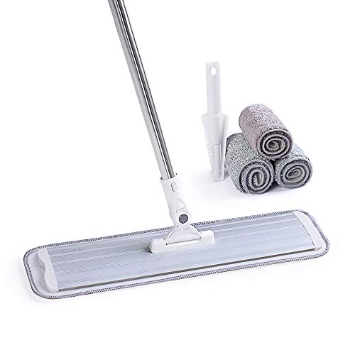CQT Commercial Flat Microfiber Floor Mop Cleaning System 18" Inch Wet Dry and Dust Hardwood with 4 Washable Pads Cleaner for Laminate Tile Stainless Steel Handle and Extension (PT12-WET)