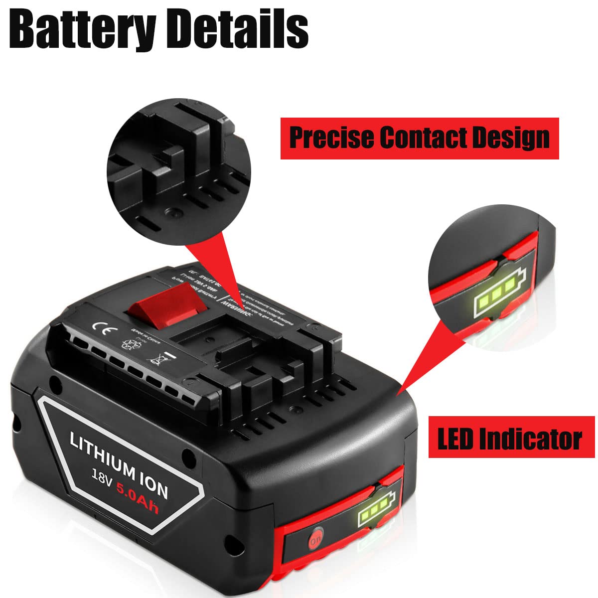 2Pack 18V 5.0Ah BAT609 Battery and 14.4V ~ 18V Li-ion battery Charger Replacement for Bosch 18V Battery BAT609 BAT610 BAT610G BAT612 BAT618 BAT618G BAT619G Cordless Power Tools Battery