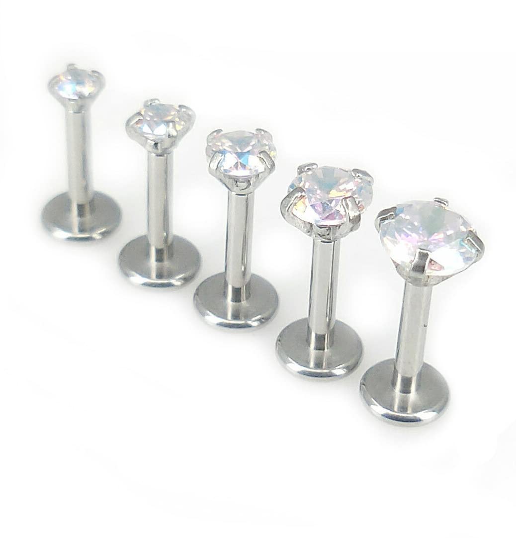 18G 1/4" Triple Forward Helix Stud Earring Stainless Steel Cartilage 2-4mm Threadless Push Pin Prong Set AB Crystal Aurora Borealis Stone Tragus Ring (All 5 Stones)