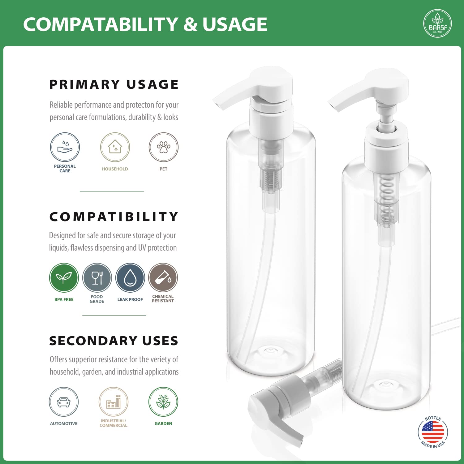 Bar5F 16-Ounce Pump Bottles for Shampoo and Conditioner BPA_Free Heavy-Duty Cristal-Clear Lotion Body Wash, 2-Pack