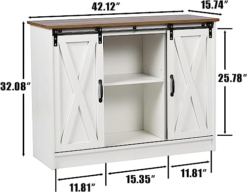 4 EVER WINNER Farmhouse Coffee Bar Cabinet, Kitchen Buffet Storage Coffee Cabinet Station Credenza Cupboard with Adjustable Shelf, Buffet Cabinet with Storage and Sliding Barn Doors, White