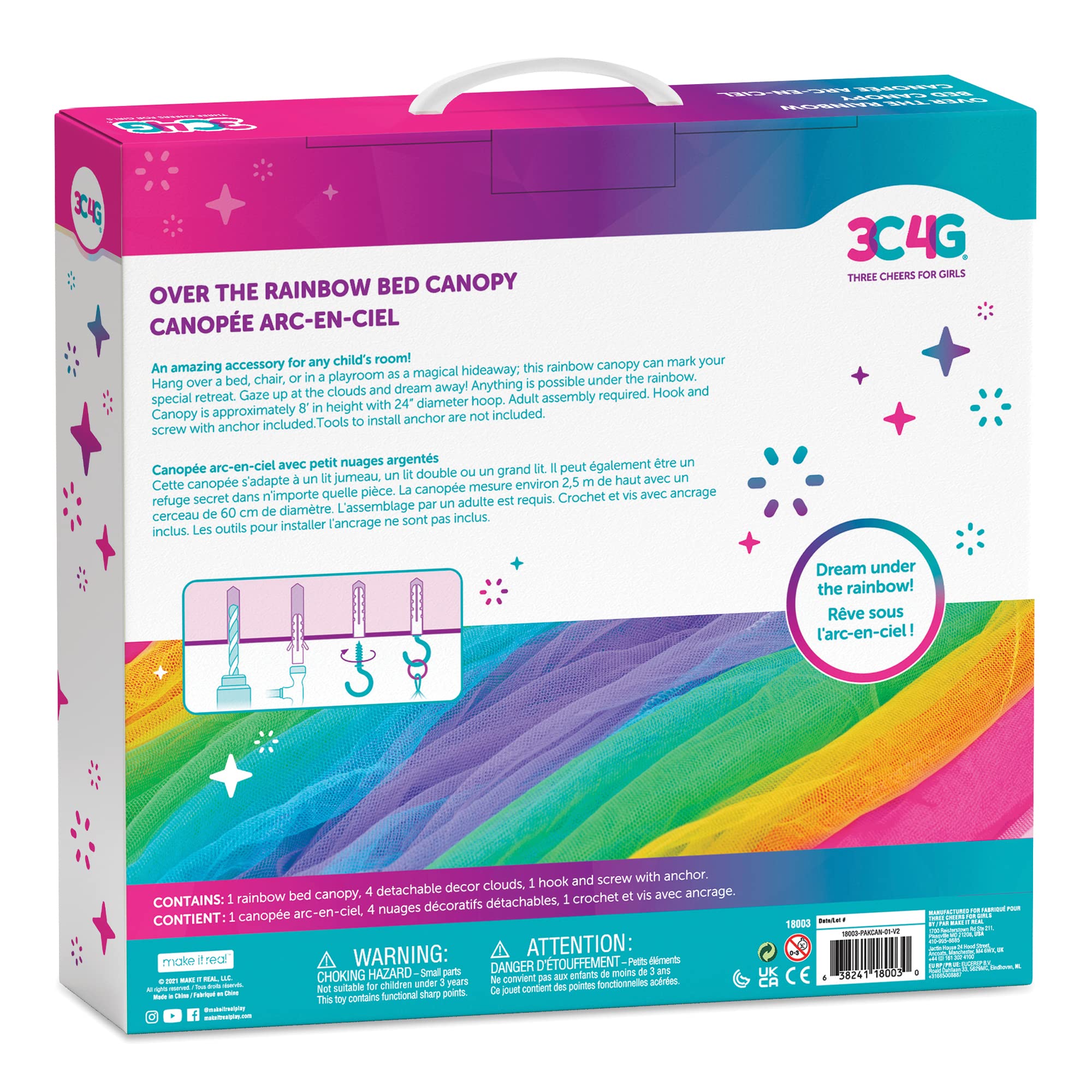 3C4G Three Cheers for Girls - Rainbow Bright Canopy - Rainbow Bed Canopy for Girls - Hanging Net Canopy for Beds, Chairs & Reading Corners - 8β Height & 24β Diameter Hoop - for Ages 6+