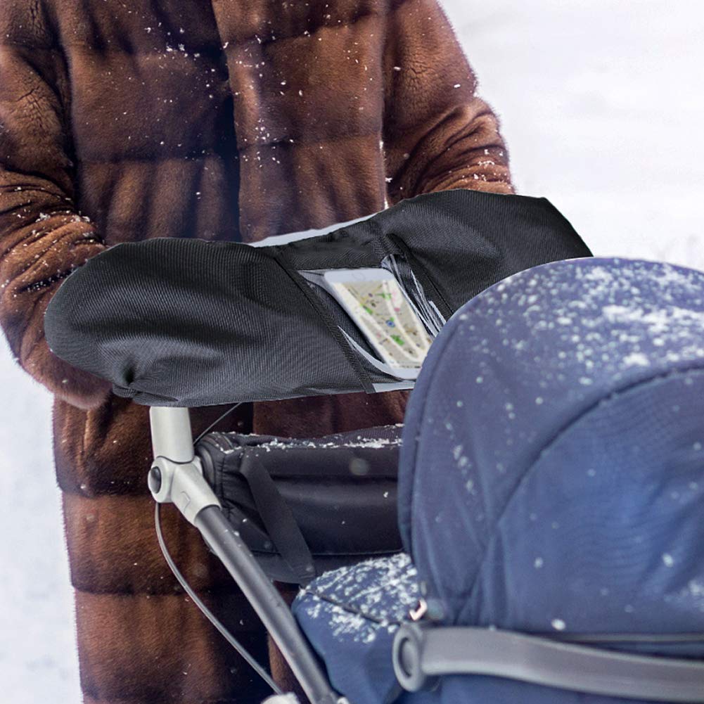 COCODE Pram Hand Muff,Baby Pushchair Fleece Hand Gloves Stroller Hand Muff Hand Warmer Windproof Thickening Anti-Freeze Gloves Universal Pram Accessory with Touch Screen Phone Bag