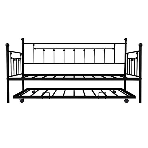 HUAYICUN Daybed with Trundle Twin Size Metal Frame Daybed and Roll Out Trundle (Black)