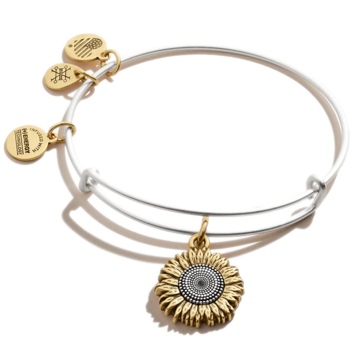 Alex and Ani Tokens Expandable Bangle for Women, Sunflower Charm, Two-Tone Finish, 2 to 3.5 in