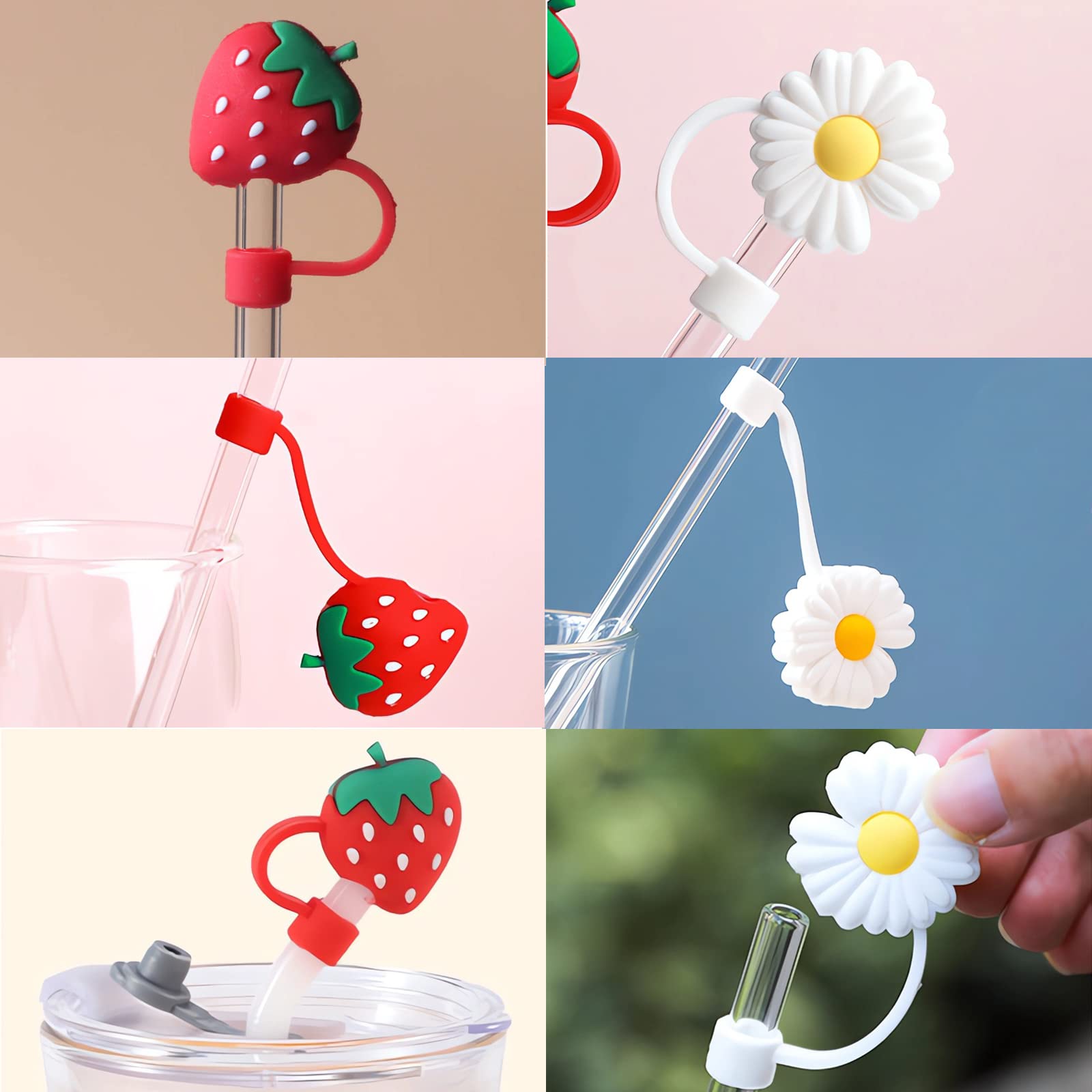 12PCS Straw Covers, Silicone Straw Covers for 6mm To 8 mm Straws, Cute Straw Caps Covers for Reusable Straws, Various Straw Tip Covers, Straw Toppers For Tumblers