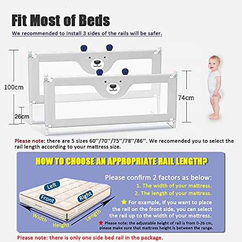 Bed Rail for Toddlers, 60’’70’’75“78’’86’’ Extra Long Baby Bed Rail Guard Lifting Vertically, 1 Side of Free-Tool Assembled Bed Rail Guard for Toddlers Fit Queen Bed, King Bed (75 Inch, Grey Moon)