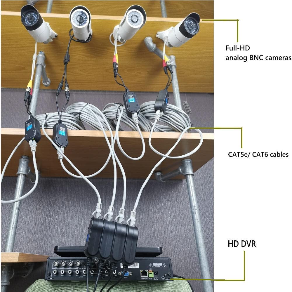 AIMHD 4 Pair Passive Video Balun with Power, Upgraded 1080P - 8MP BNC to RJ45 Long Distance Network Transceiver, Cat5e Cat6 Cable to BNC Male Adapter for CCTV Security Surveillance Camera System