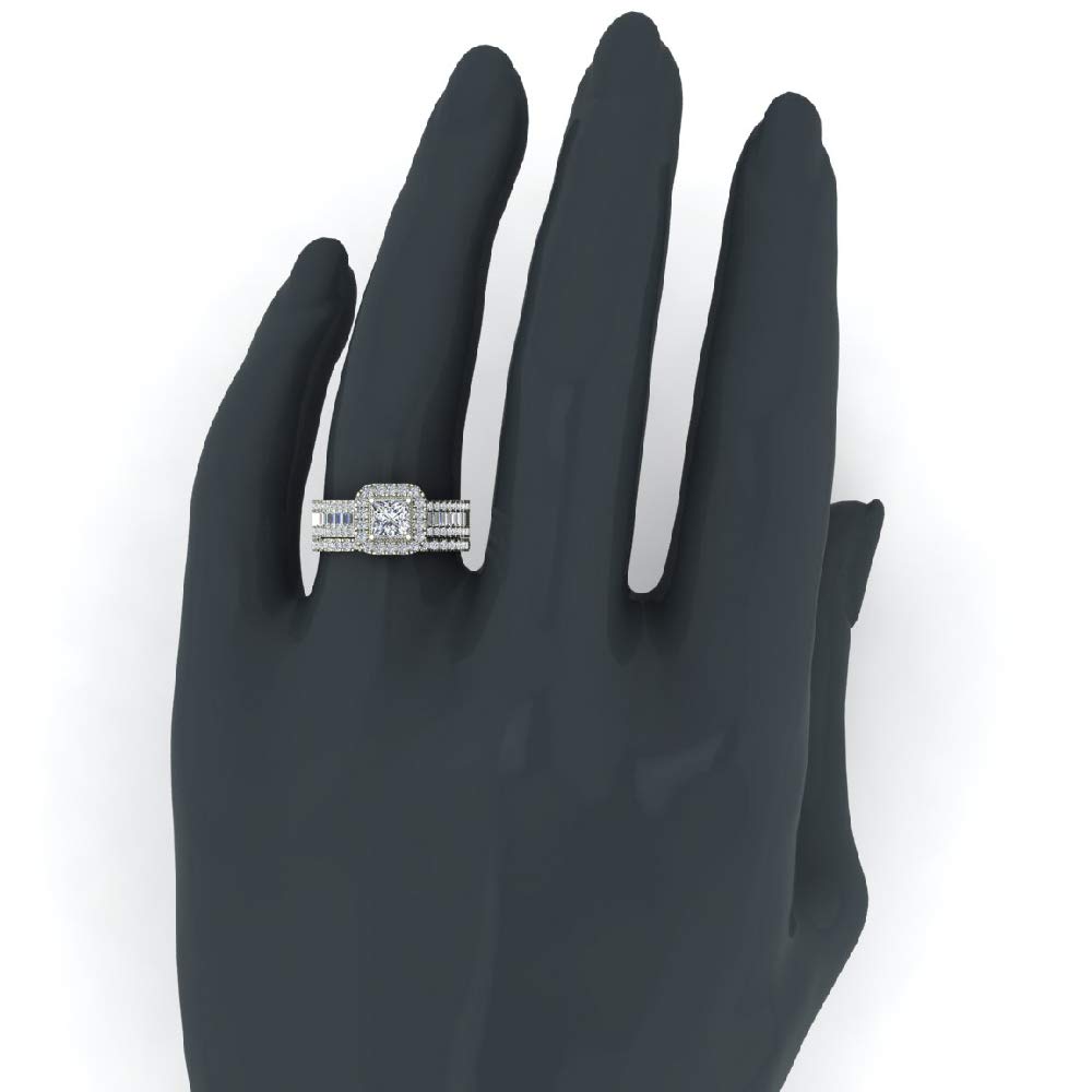 14K Solid White Gold Princess Cushion Halo Diamond Wedding Ring Set (RS 7) (G,I1)