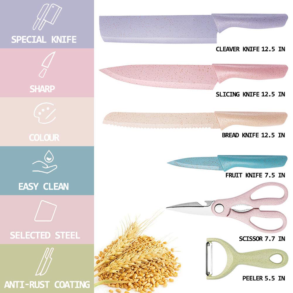 Colorful Kitchen Knife Set, 7 Pieces Sharp Kitchen Knives Set Including Cuchillos, Scissors, Peelers, Cutting Board - Stainless Steel Blade Knife for Slicing, Paring, Chopping, Cooking Knife