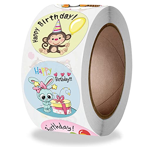 Happy Birthday Sticker Envelope Sticker Packaging Bag Sticker Box Sticker Seal Decoration Sticker Gift 500 Tags per roll, 8 Different Small Animal Patterns, 1.5 inches in Diameter, (500pcs/8style)