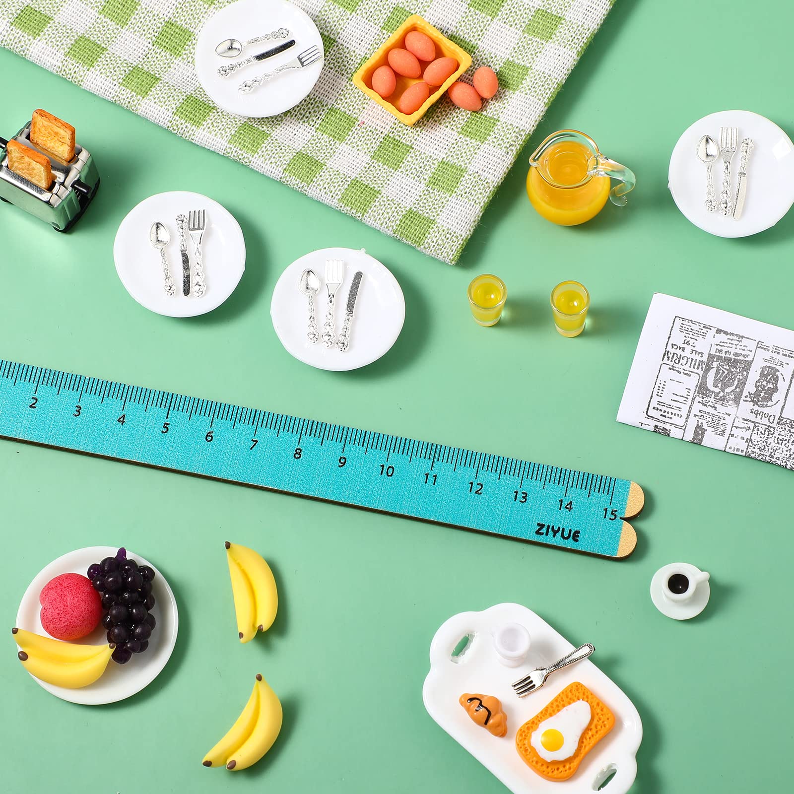 44 Pieces 1:12 Dollhouse Miniature Breakfast Kitchen Accessories Mini Toast Machine Bread Juice Milk Eggs Cups Fruits Plates Knife Fork Spoons for Dollhouse Kitchen Scene and Cake Topper Decor