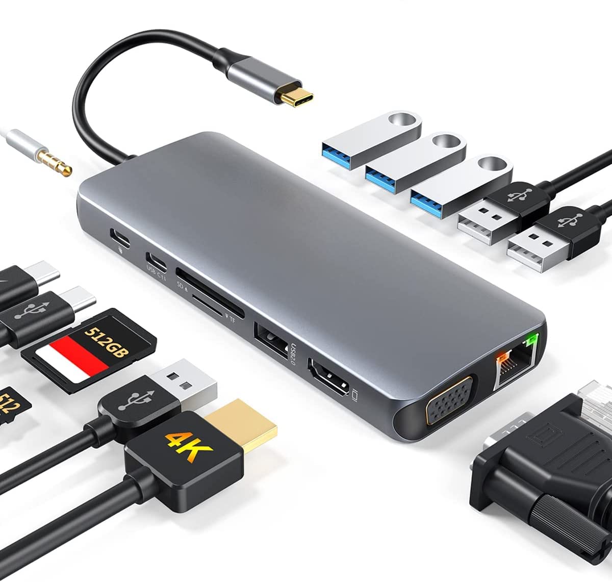 14-in-1 USB C hub 4K USB C to HDMI VGA Gigabit Ethernet 100W PD SD/TF Card Reader Type-C Data Transmission 3 USB 3.0 / 3 USB 2.0 3.5 mm Audio for USB C Docking Station for Type-c laptops
